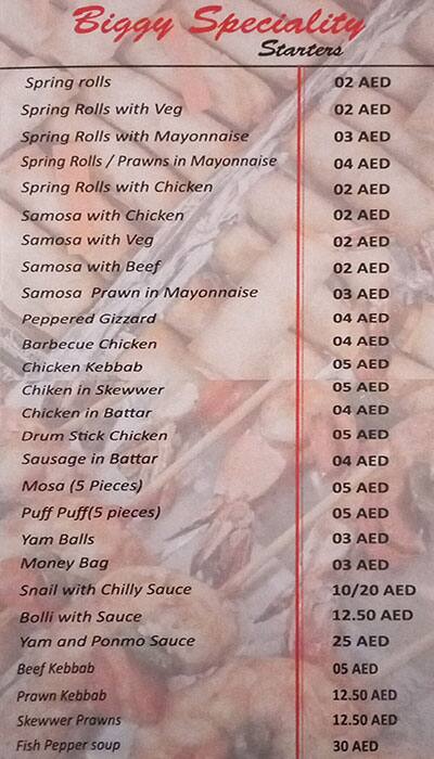 Menu of Biggy African Restaurant, Al Nahda, Dubai