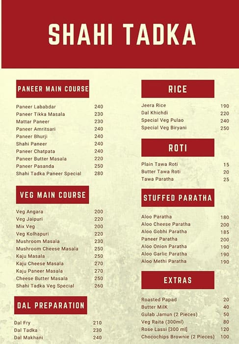 Menu at Shahi Tadka, Vadodara