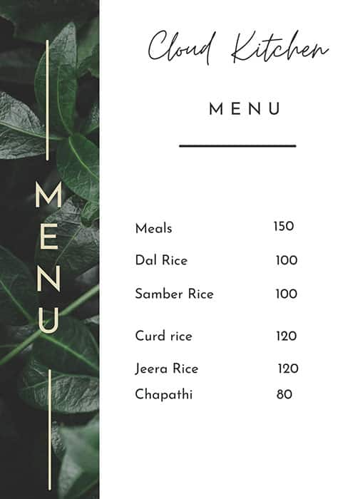 Menu of Cloud Kitchen, Kukatpally, Hyderabad