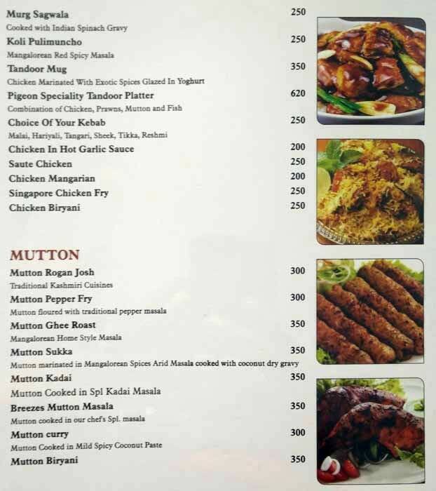 Menu at Hotel Pigeon International, Bengaluru