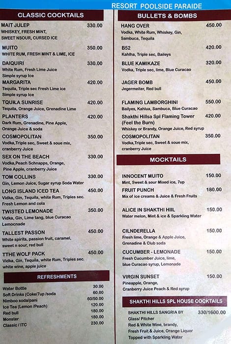 Menu at Paradise Pool Side Restaurant, Bengaluru, Shakthi Hill Resorts ...