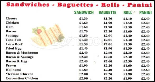 Menu at Silver Service Coffee House, London, 621-623 Hertford Rd