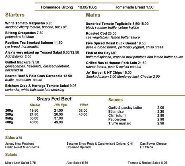 Menu at High Timber Restaurant, London, Broken Wharf House