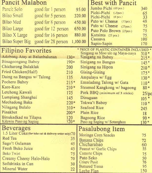 Menu at Pancit Ng Taga Malabon, Quezon City, Level 1