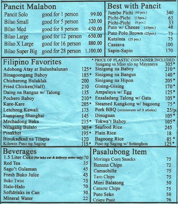 Menu at Pancit Malabon restaurant, Manila, G