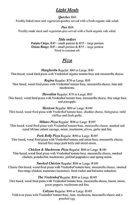 Menu at Vredenhof Organic Estate cafe, Cape Town, Bredell Road