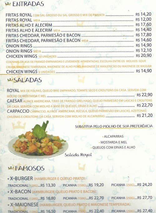 Menu at Royal Burger restaurant, São Paulo, Rua Pio XI