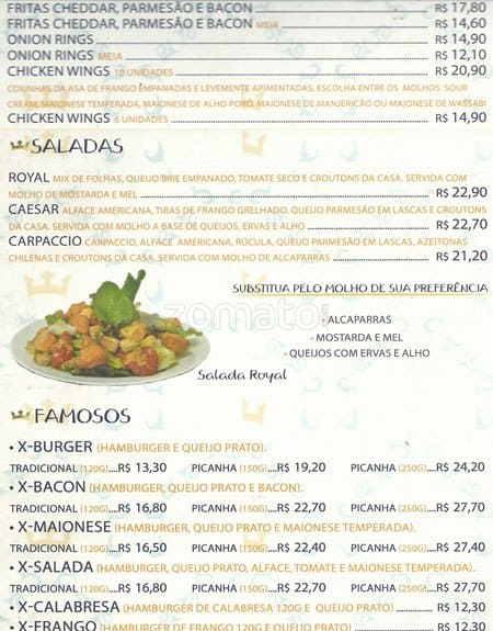Menu at Royal Burger restaurant, São Paulo, Rua Pio XI