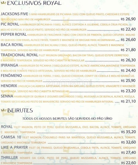 Menu at Royal Burger restaurant, São Paulo, Rua Pio XI