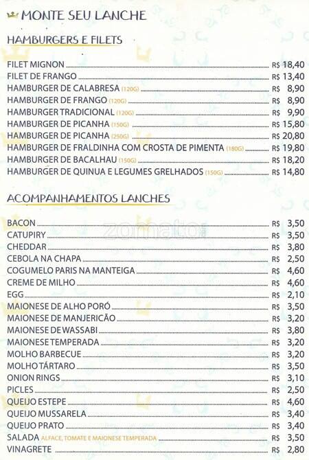 Menu at Royal Burger restaurant, São Paulo, Rua Pio XI