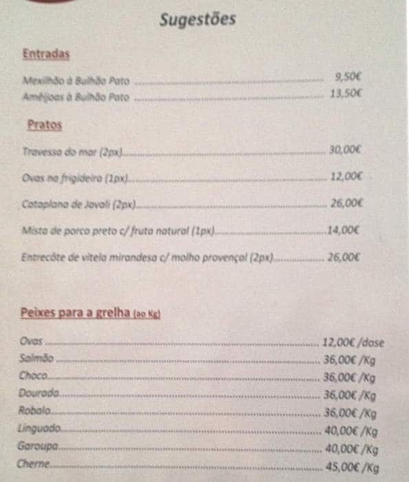 Menu em Baía Tejo restaurante, Gaio-Rosário, Largo das Forças Armadas 20