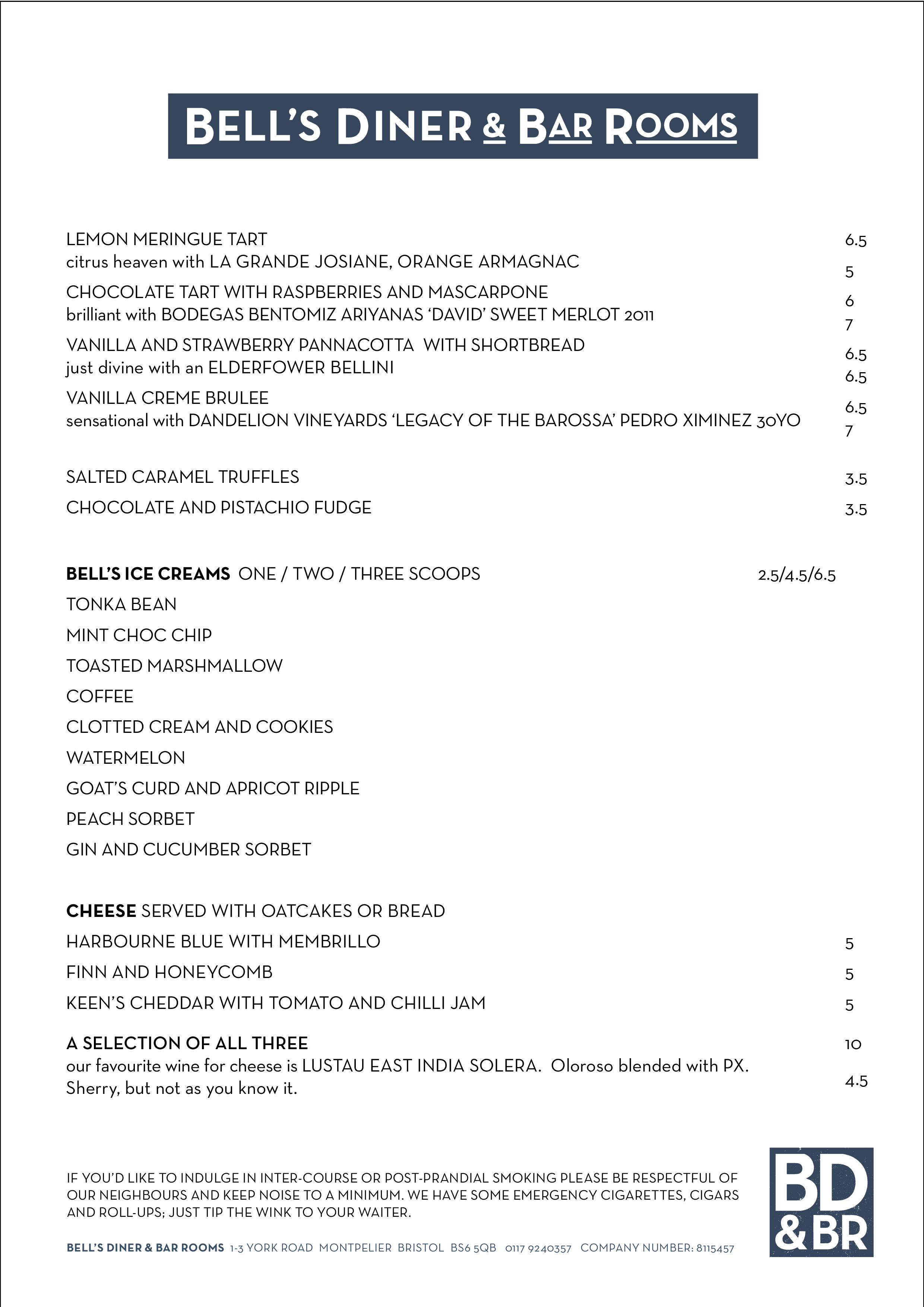 Menu at Bell's Diner & Bar Rooms, Bristol, 1-3