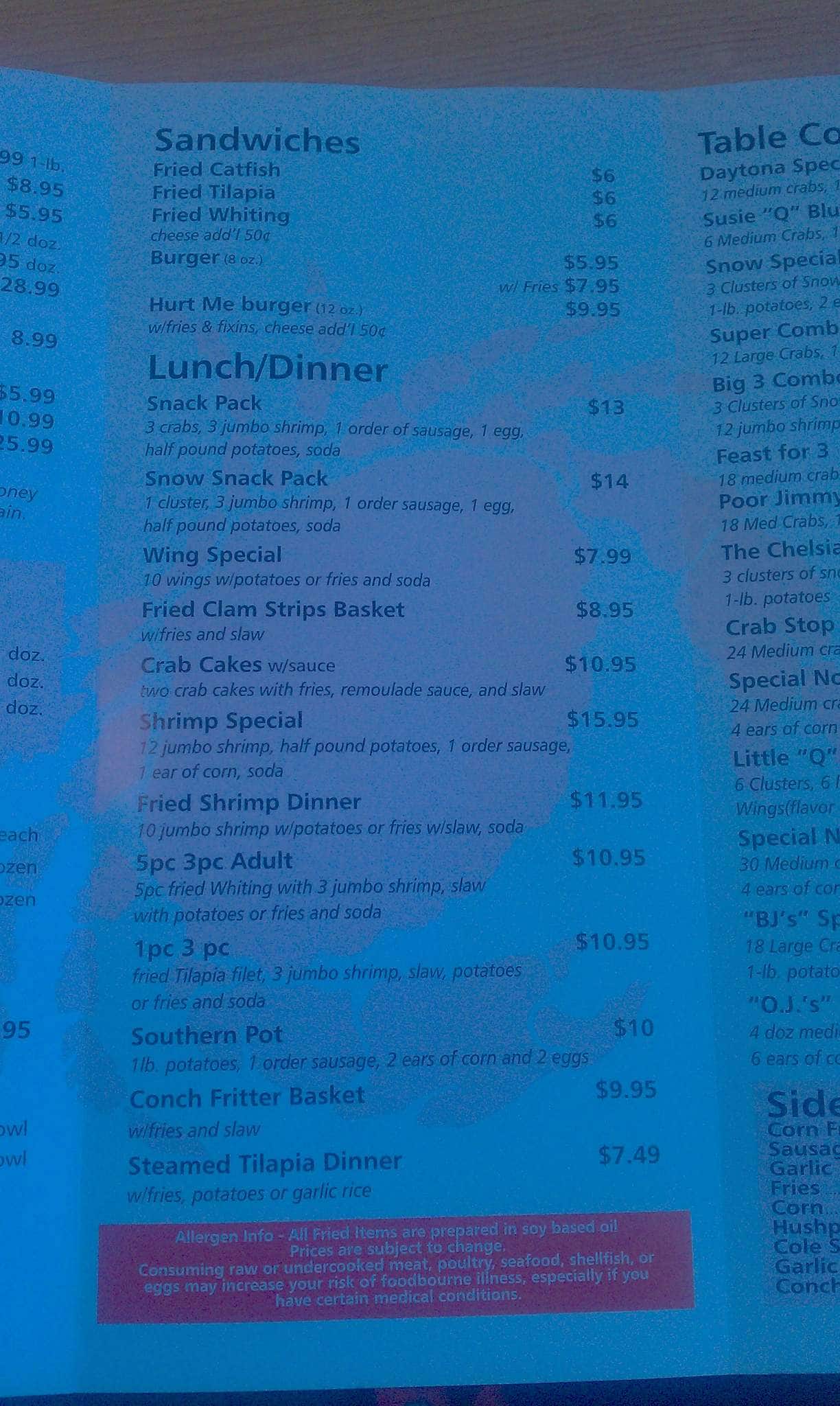 Menu at Crab Stop Ii restaurant, Daytona Beach