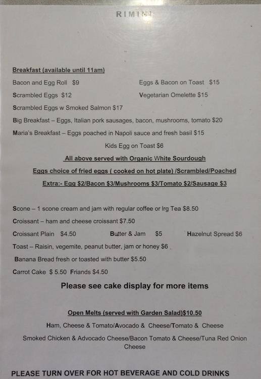 Menu at Rimini cafe, Kingsgrove