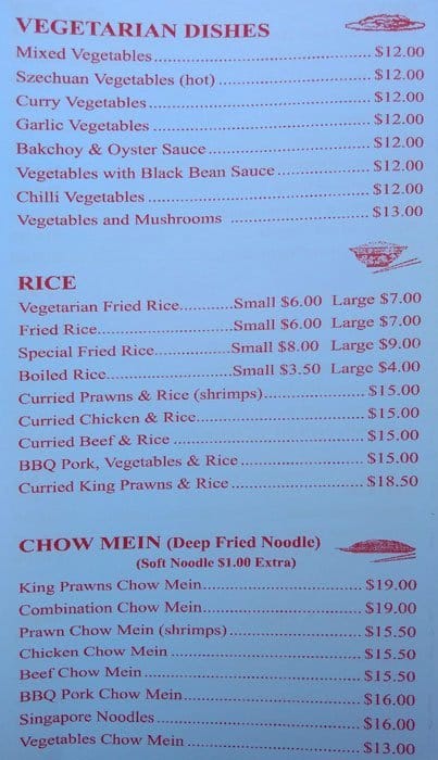 Menu at Sun Moon, Thornlands
