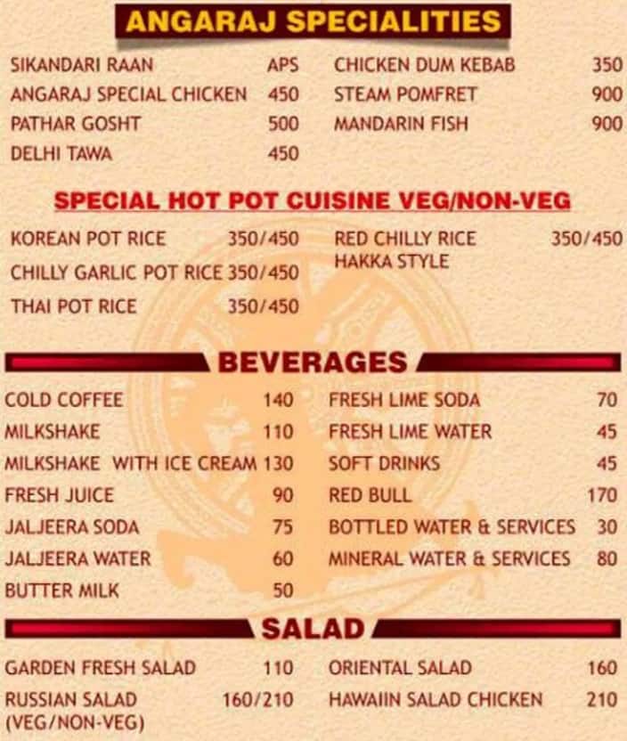 Menu of Hotel Angaraj, Kondhwa, Pune