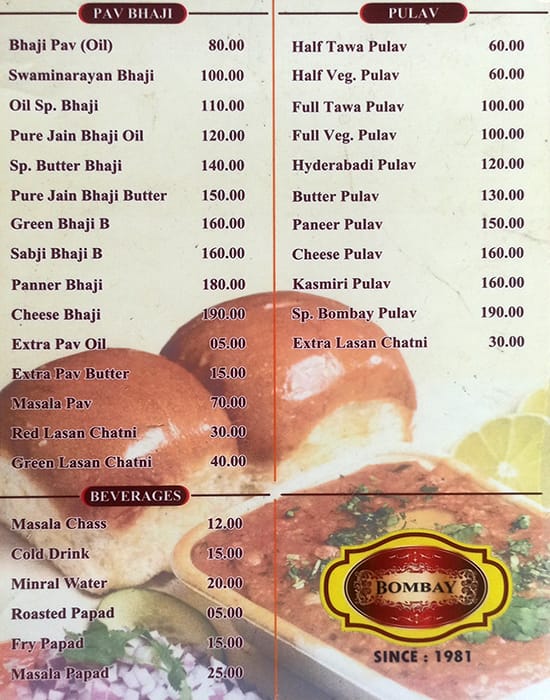 Menu at Bombay Pavbhaji & Pulav, Surat, Bombay Pavbhaji