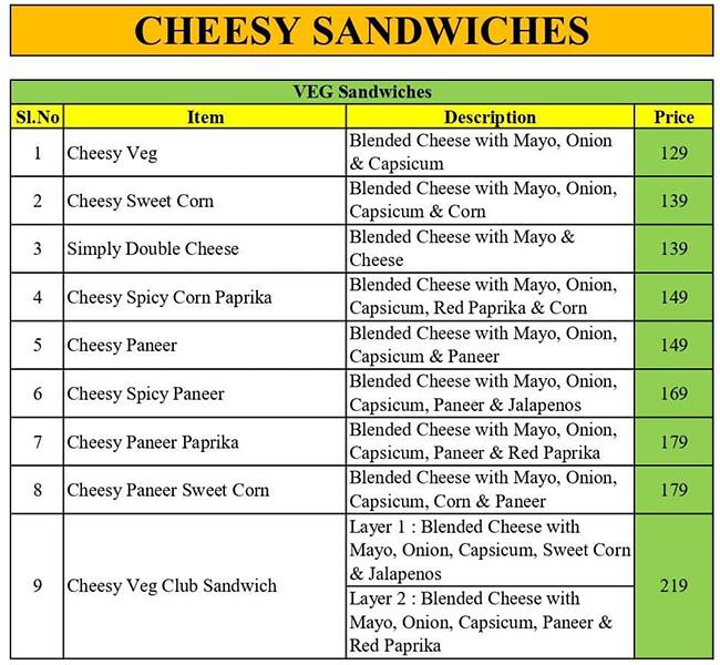 Menu of Cheesy Sandwiches, Sangareddy, Hyderabad