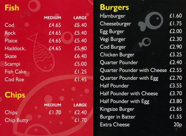 Menu at Salisbury's Fish & Chips restaurant, Biggin Hill, 167 Main Rd