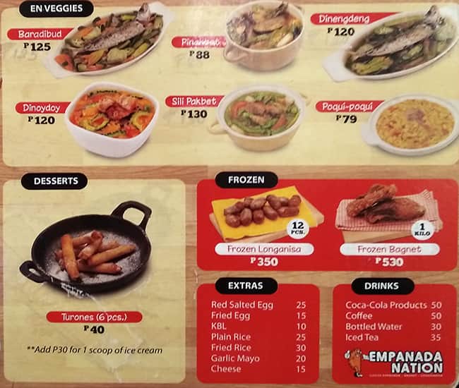 Menu at Empanada Nation restaurant, Pasig
