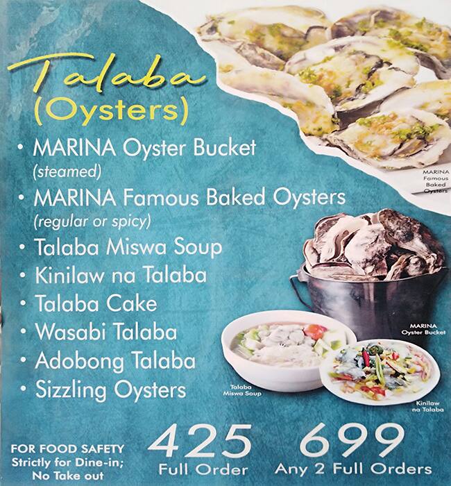 Carta del restaurante Marina Oysters Seafood Grill, Ciudad Quezon, M24H+FV4