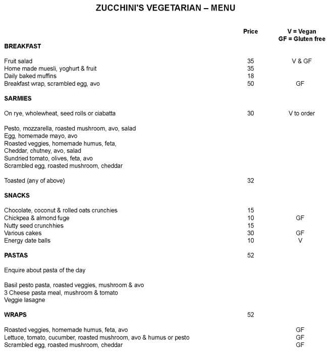 Menu at Zucchini's cafe, Cape Town