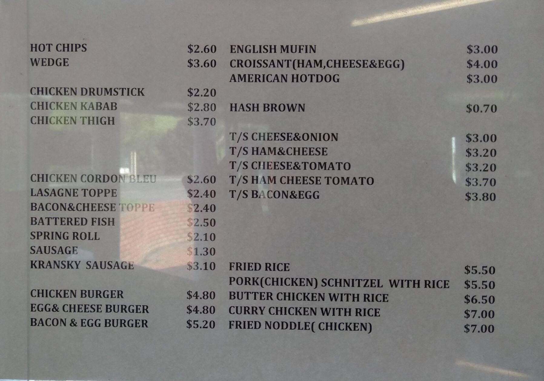 Menu at Sunny Lunchbar, Auckland