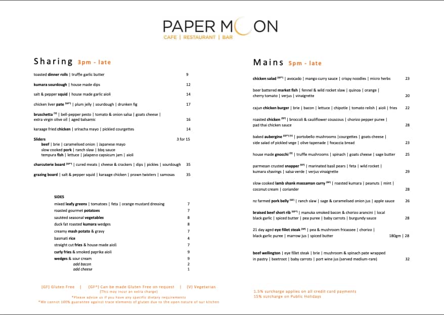 Menu at Papermoon cafe, Auckland