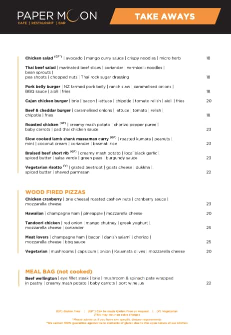 Menu at Papermoon cafe, Auckland