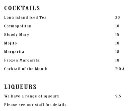 Menu at The Stables Whitford restaurant, Auckland