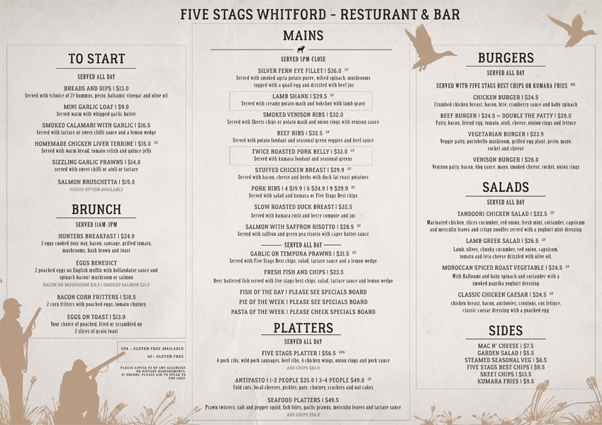 Menu at The Stables Whitford restaurant, Auckland