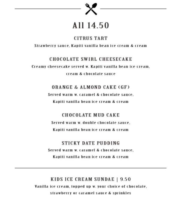 Menu at The Stables Whitford restaurant, Auckland