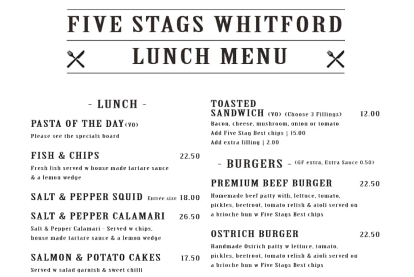 Menu at The Stables Whitford restaurant, Auckland