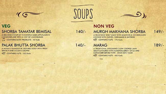 Menu of Ohri's Gufaa, Basheer Bagh, Hyderabad