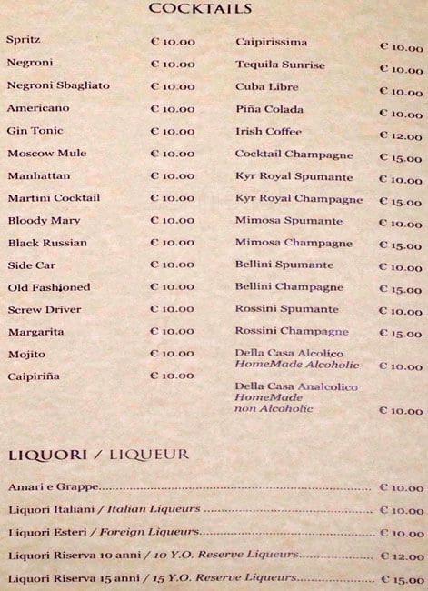 Menu da San Carlo Al Corso caffè bar, Milano