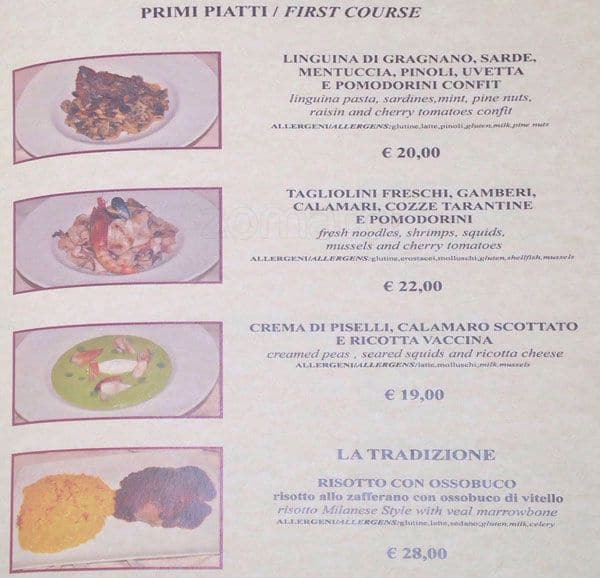 Menu da San Carlo Al Corso caffè bar, Milano