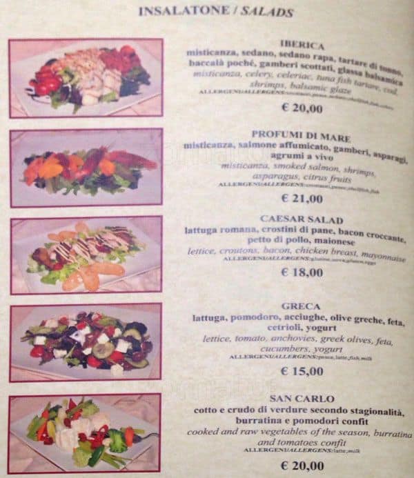 Menu da San Carlo Al Corso caffè bar, Milano