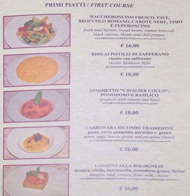 Menu da San Carlo Al Corso caffè bar, Milano