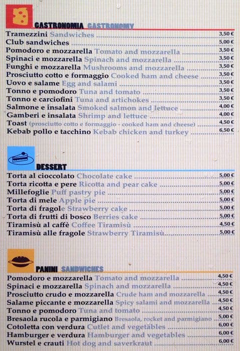 Menu at Dante's Bar Caffè, Rome