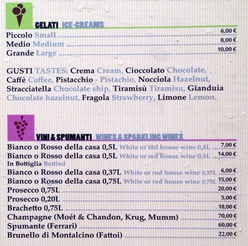 Menu at Dante's Bar Caffè, Rome