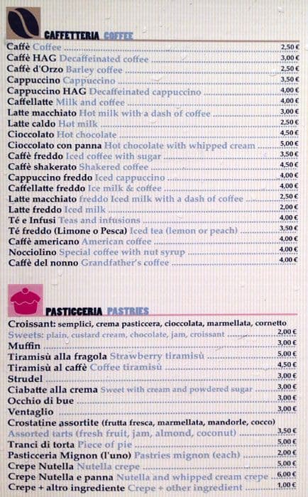 Menu at Dante's Bar Caffè, Rome