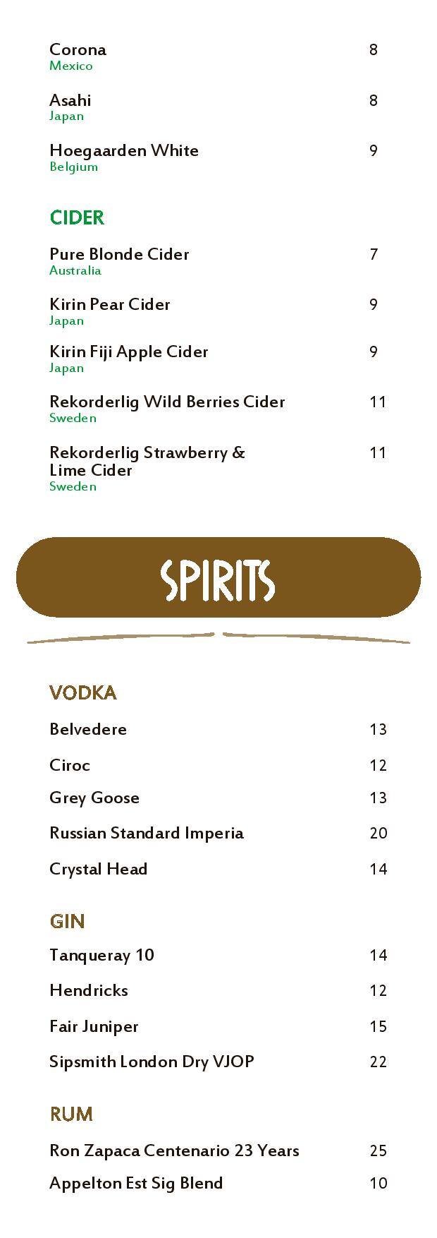 Menu at Mon Bar, Haymarket