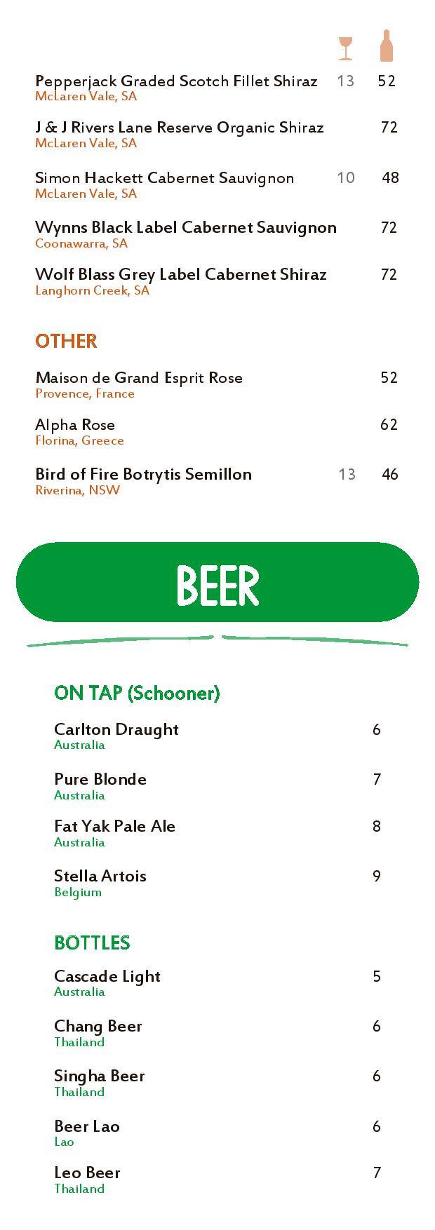 Menu at Mon Bar, Haymarket