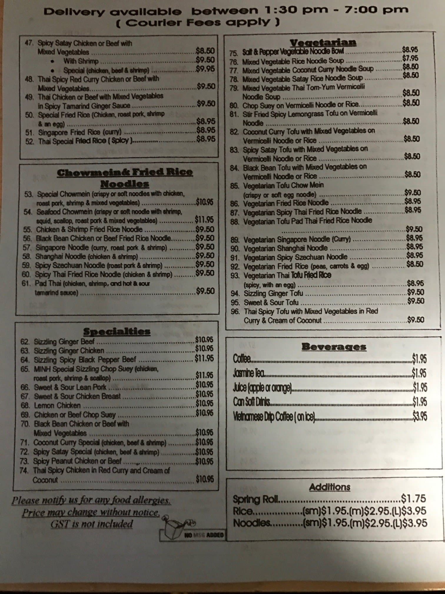Menu at Minh's Garden restaurant, Saskatoon