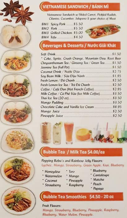 Menu at Pho Mai Noodles restaurant, Everett