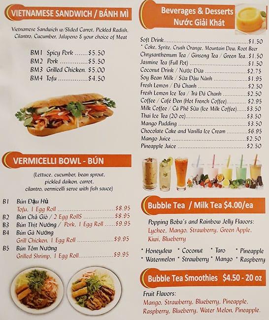 Menu at Pho Mai Noodles restaurant, Everett
