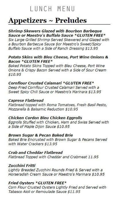 Menu at maestros bar and bistro, Pineville