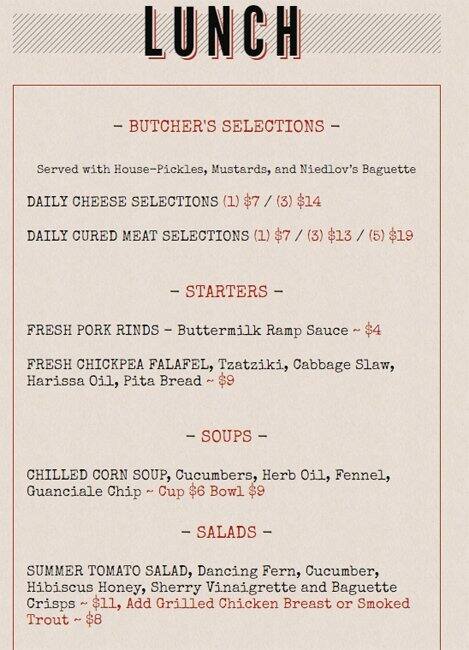 Menu at Main Street Meats restaurant, Chattanooga