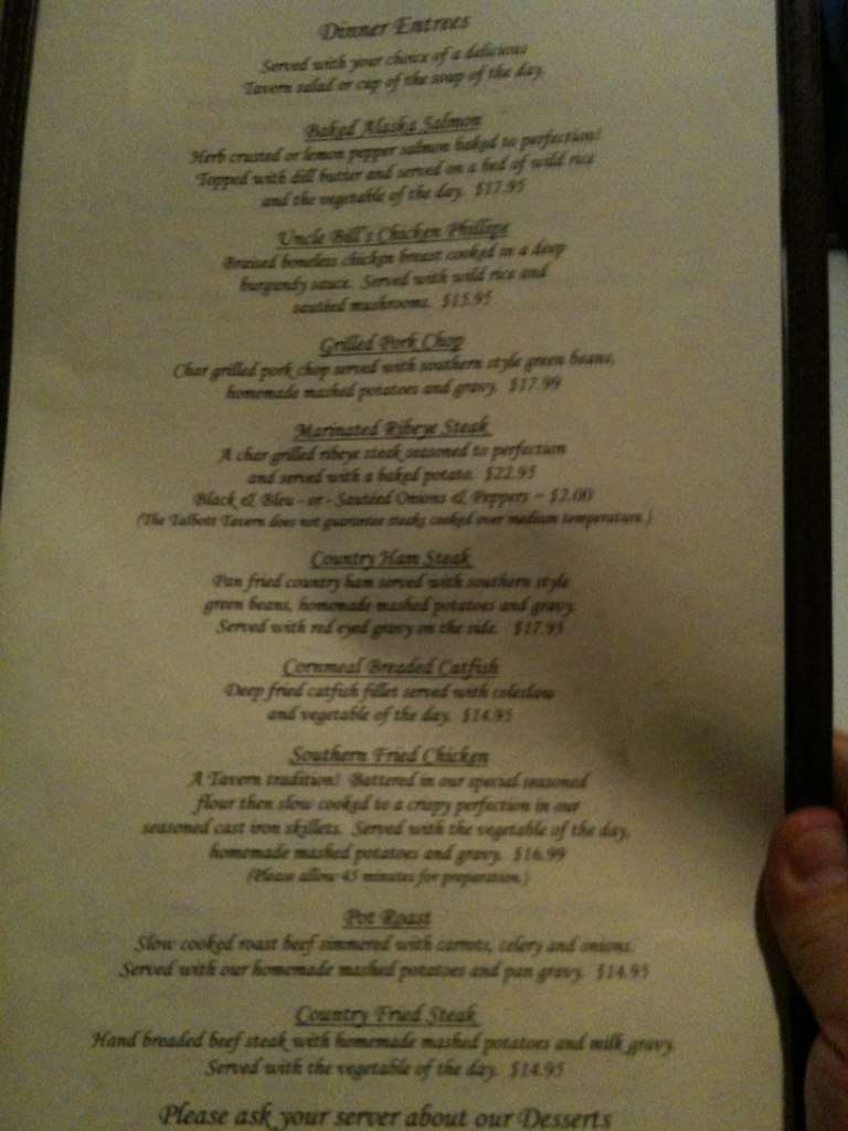 Menu at Old Talbott Tavern pub & bar, Bardstown
