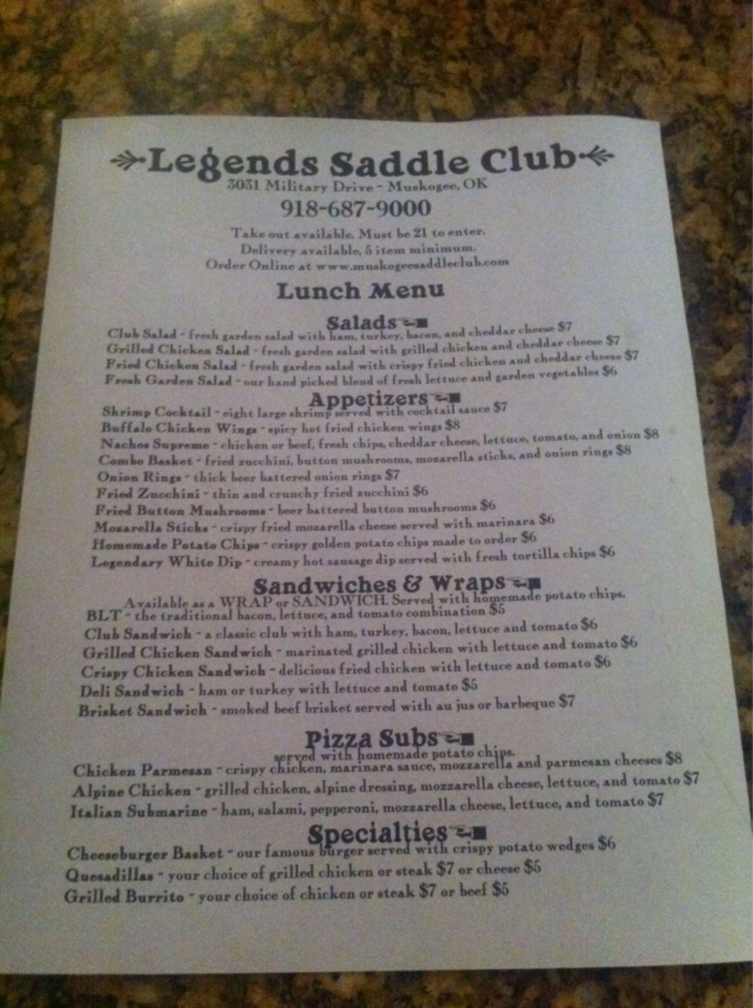 Menu at SADLE CLUB, Muskogee